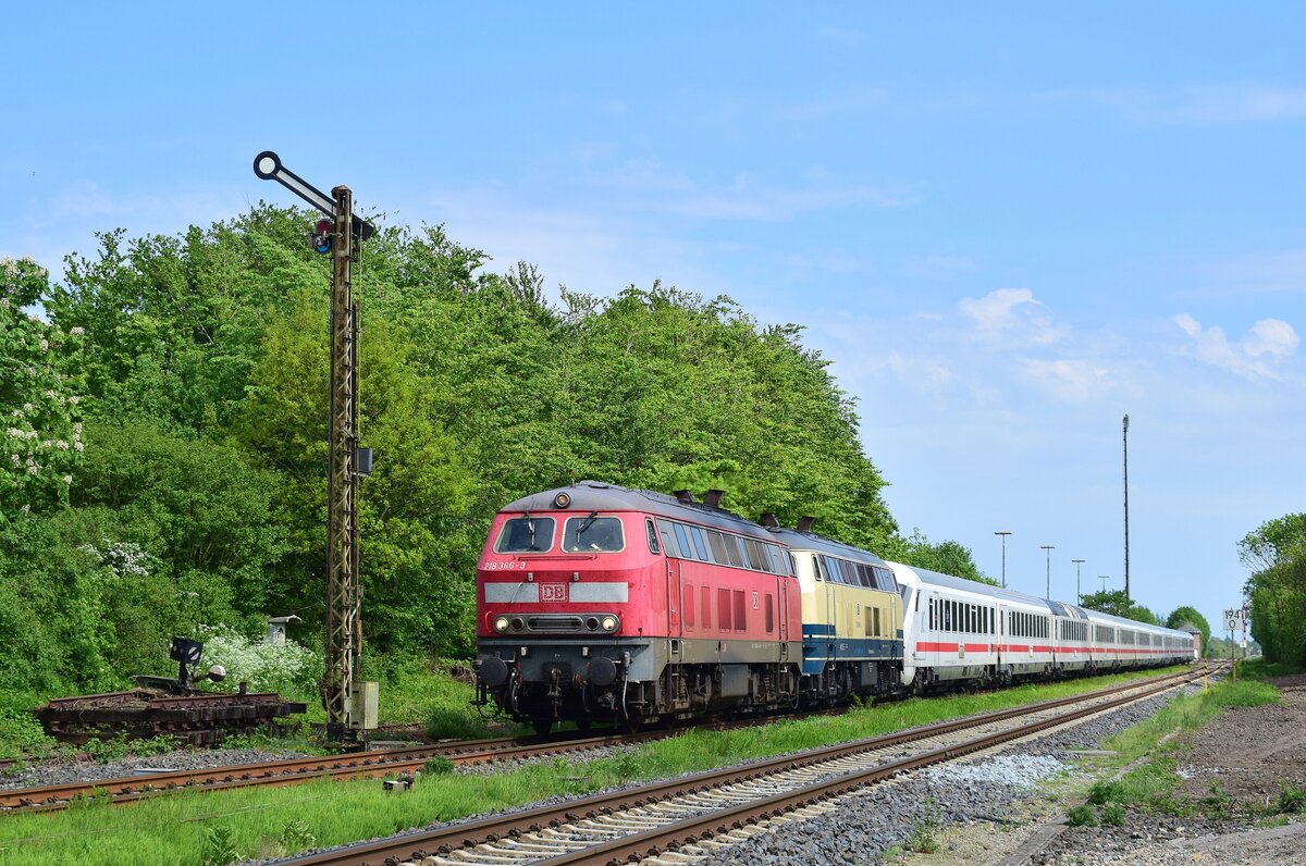218 366-3 und 218 489-3 ziehen einen IC durch Risum Lindholm Richtung Niebüll - Bahnbilder.de