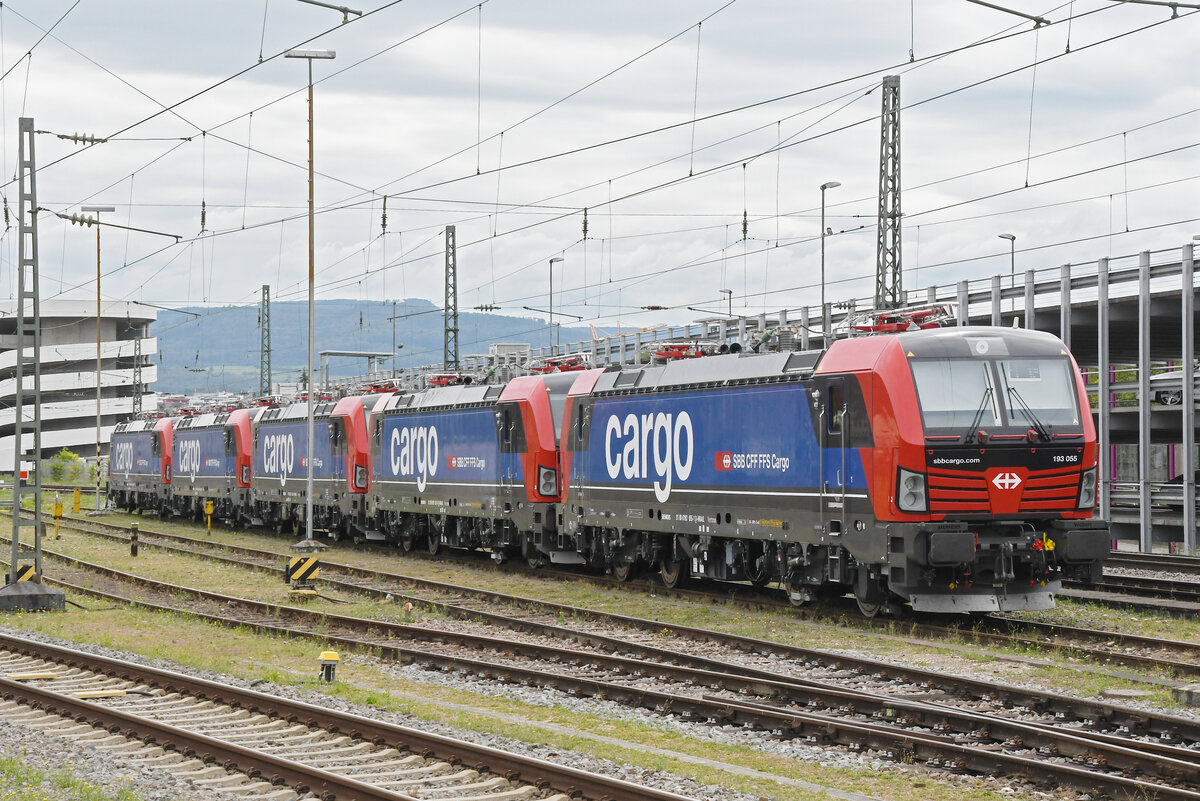 Am 26.08.2024 stehen fünf Fabrikneue Siemens Vectron für SBB Cargo auf einem Abstellgleis beim ...