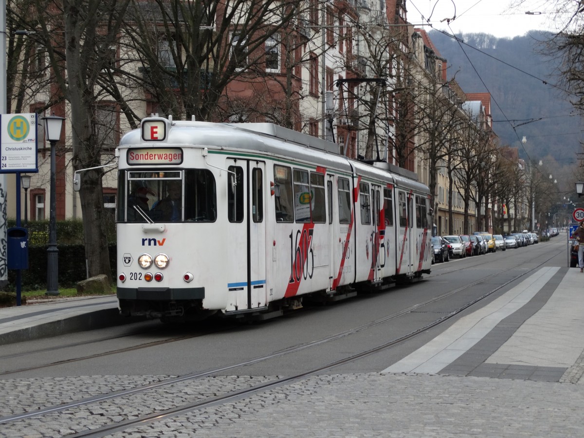 Die RNV Rollende Bierkiste Wagen 202 Düwag GT8 am 22.02.15 in Heidelberg im Rahmen einer IGN ...