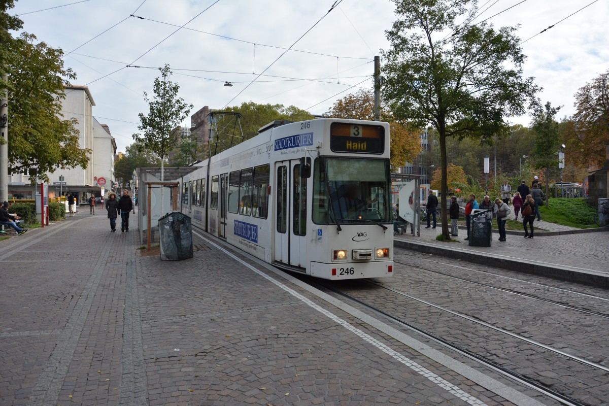 Diese Duewag GT8Z mit der Nummer "246" fährt am 18.10.2015 auf der Linie 3 durch Freiburg im ...