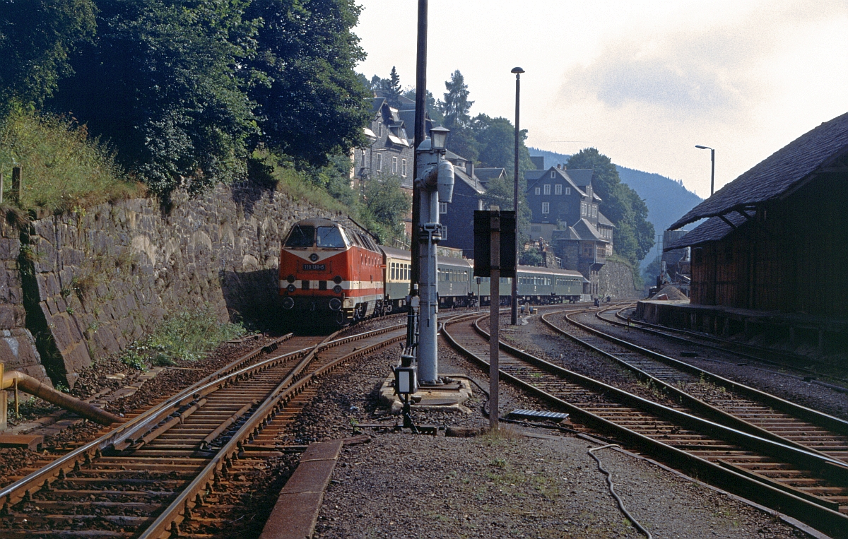 BR 219-116-1 mit einem Regionalexpress im Bahnhof von Schwerin HBF nach Parchim im Jahre 1994 ...