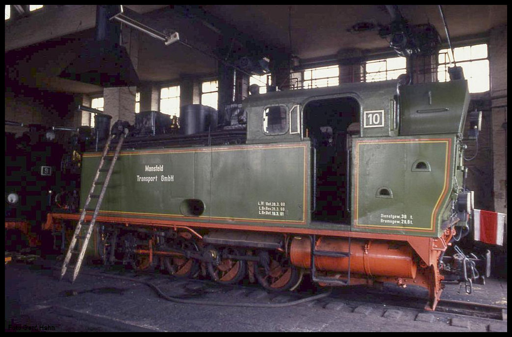 Lok 10 der Mansfelder Bergwerksbahn im Schuppen in Klostermansfeld am 22.6.1991. - Bahnbilder.de