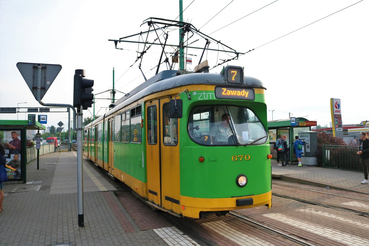 MPK Poznan Düwag GT8 Wagen 670 (ex Düsseldorf) am 19.07.18 in Posen (Polen) - Bahnbilder.de