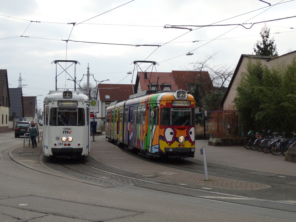 RNV Düwag GT8 Wagen 202 und 204 am 22.02.15 in Eppelheim - Bahnbilder.de