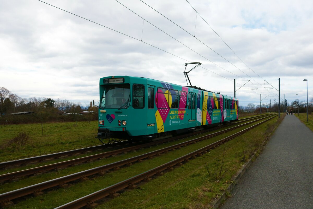 VGF Düwag Pt Wagen 736 am 11.03.23 auf der Linie 18 in Frankfurt am Main - Bahnbilder.de