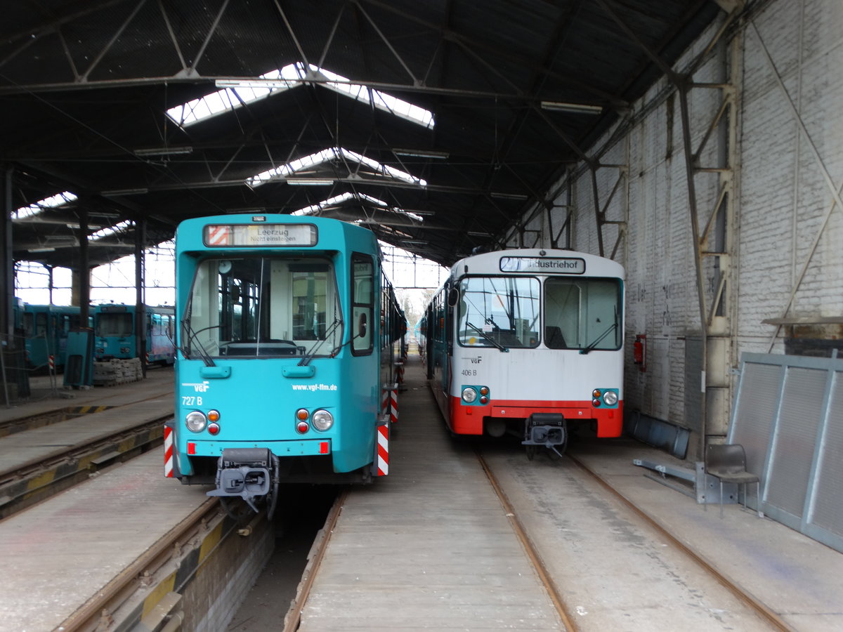 VGF Düwag Ptb Wagen 727 und U2 Wagen 406 am 18.02.17 in Depot Frankfurt Eckenheim über der Zaun ...