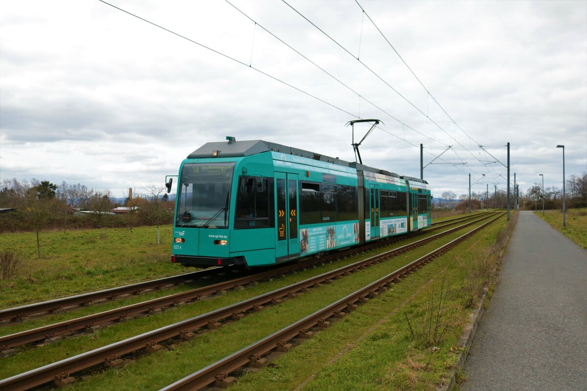 VGF Düwag R Wagen 032 am 11.03.23 auf der Linie 18 in Frankfurt am Main - Bahnbilder.de