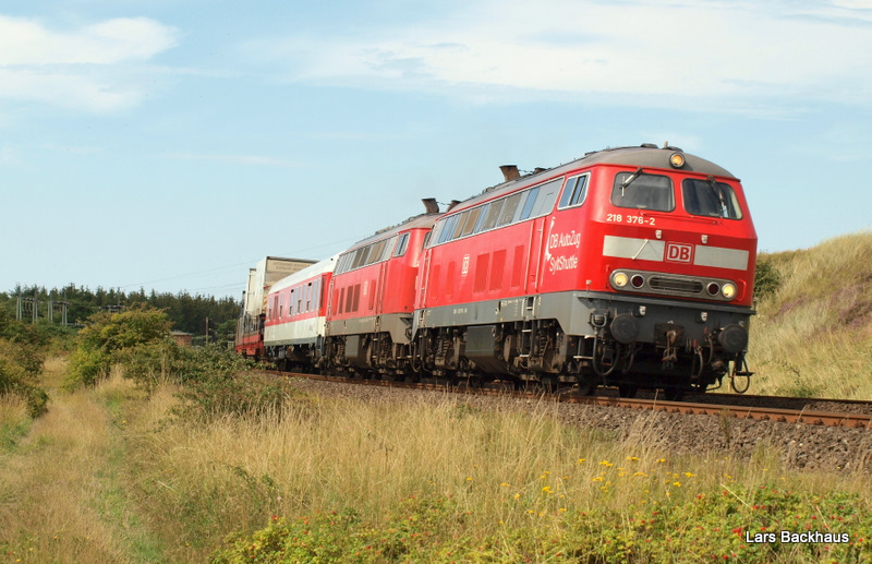 218 376-2 und 218 319-2 passieren am 6.08.09 mit dem Syltshuttle eine Fotokurve bei Morsum und ...